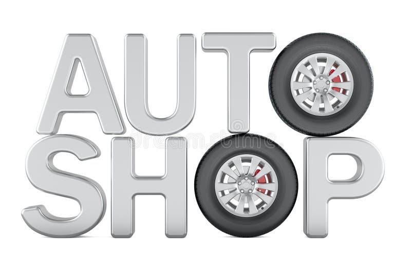 Auto Shop Text with Car Wheels. 3D Rendering Stock Illustration ...