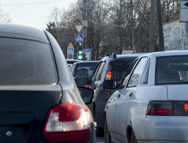 An Auto Stop on the City Street. Peak Hour. Stock Image - Image of ...