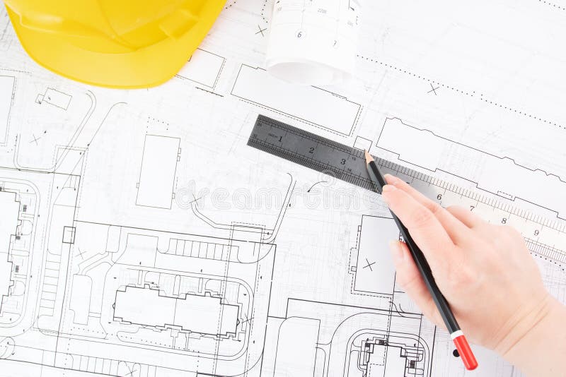 Autocad Engineer, Architect Builder Draws a Plan of Structures and ...