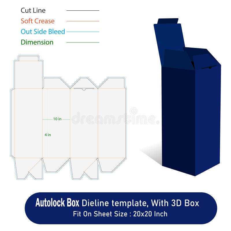 Autolock Box Size 4 X 10 in, Dieline Template, with 3D Box, Vector File ...