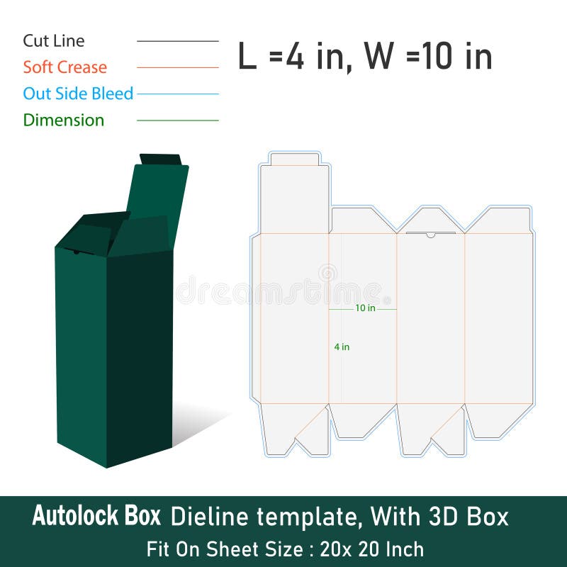 Autolock Box Size 4 X 10 in, Dieline Template, with 3D Box, Vector File ...