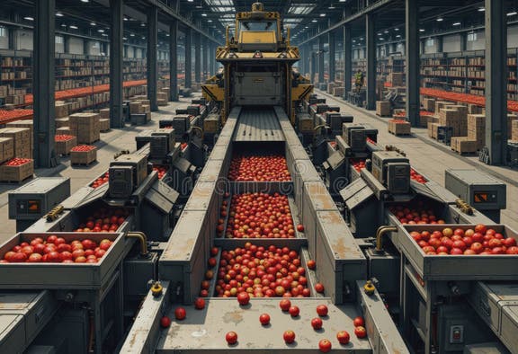 Automated Apple Sorting Machines in a Large Warehouse Setting Stock ...