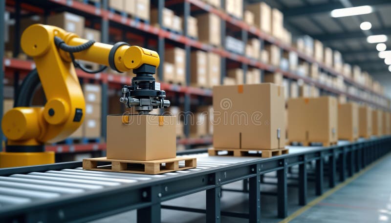 Automated Arm Places Cardboard Boxes on Pallets in Smart Warehouse ...