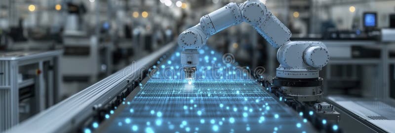 Automated Arm Works on Illuminated Digital Circuit Path Stock ...