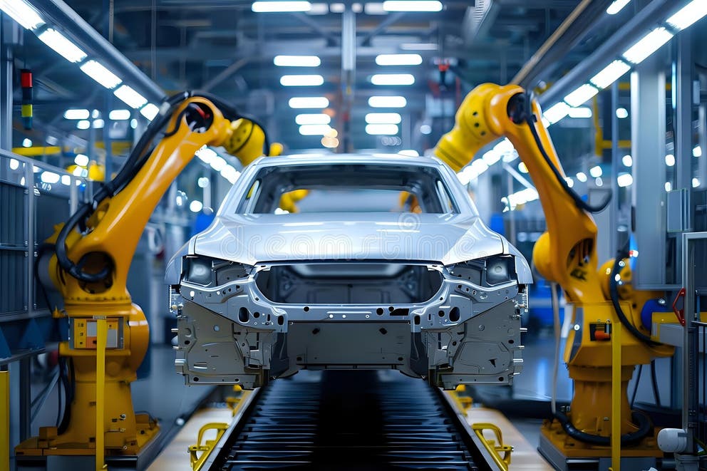 Automated Assembly Line Robots Constructing a Vehicle Chassis with Precision and Efficiency in a ...