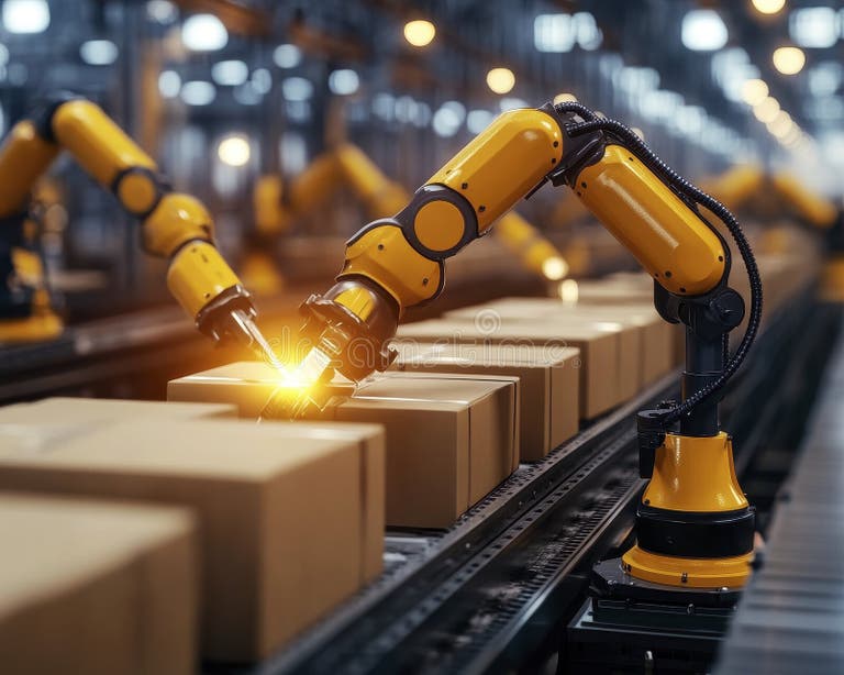 Automated Assembly Line with Yellow Robotic Arms Processing Cardboard ...