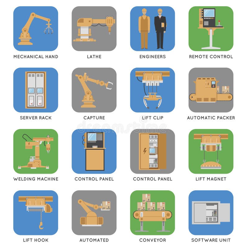 Automated Assembly Square Icon Set Stock Vector - Illustration of ...