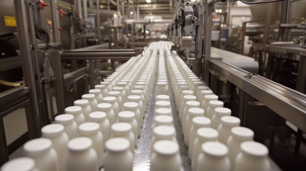 Automated Bottling: High-Volume White Plastic Containers on Conveyor in ...