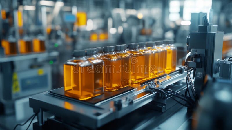 Automated Bottling Line Filling Amber Liquid Containers Stock ...
