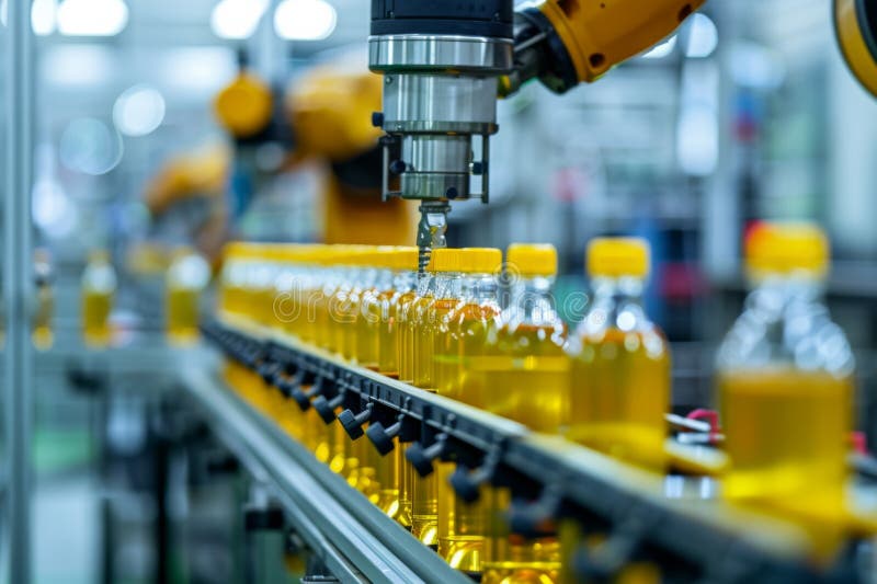 Automated Bottling Line with Robotic Arm Filling Oil Containers in ... Automated Bottling Line with Robotic Arm Filling Oil Containers in ...