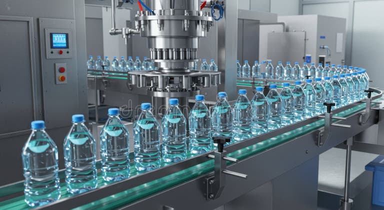 Automated Bottling Process in a Modern Water Production Facility Stock ...