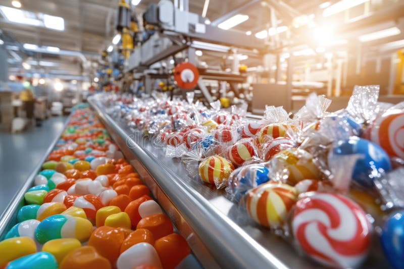 Automated Candy Factory Assembly Line with Colorful Wrapped Sweets ...