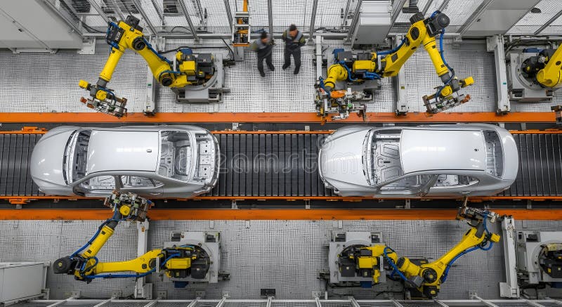 Automated Car Assembly Line Stock Illustration - Illustration of robots ...