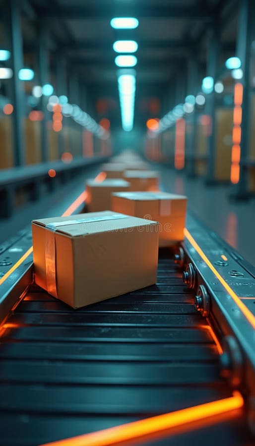Automated Conveyor Belt Carries Cardboard Boxes in High-tech Warehouse ...