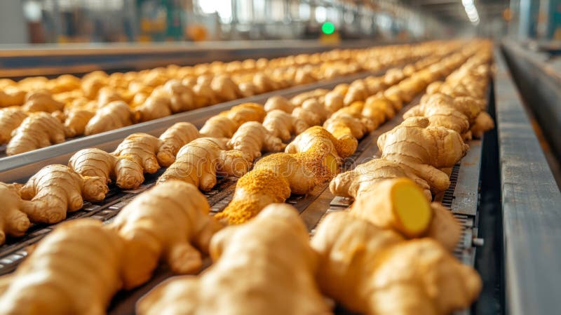 Automated Conveyor Belt Processing Ginger Roots in Modern Factory ...
