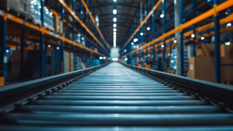 Automated Conveyor Belt System in a Large, Dark Warehouse Showcasing ...
