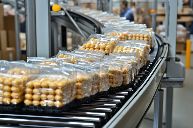 Automated Conveyor Belt System Sorting Packaged Food in Distribution ...