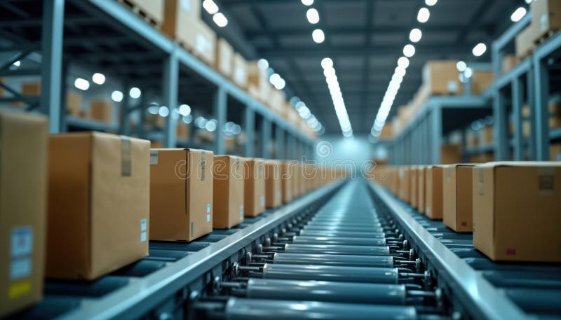 Automated Conveyor Belt System Transports Cardboard Boxes in Modern ...