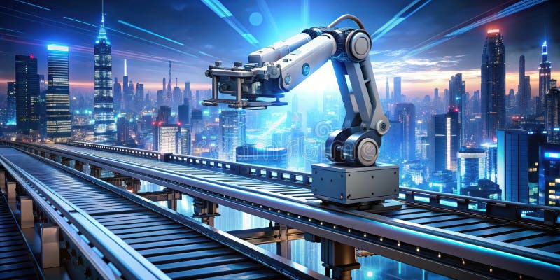 Automated Conveyor System on Elevated Track Against a Futuristic ...