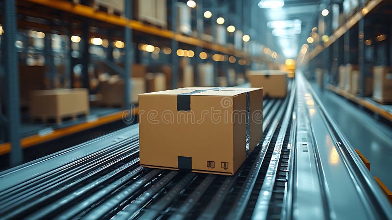 Automated Conveyor System Transporting Cardboard Boxes in Warehouse ...