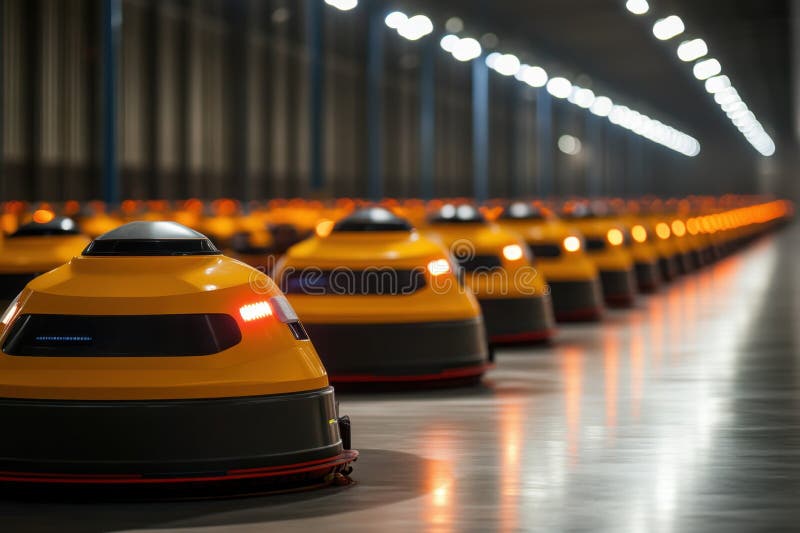 Automated Delivery Robots Lined Up in a Large Warehouse during ...
