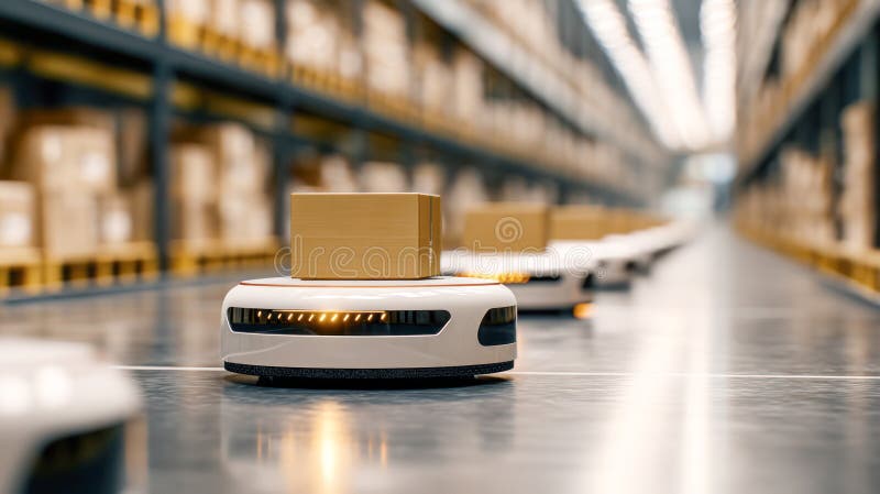 Automated Delivery Robots Transporting Packages Along a Warehouse Aisle, Showcasing Advanced ...