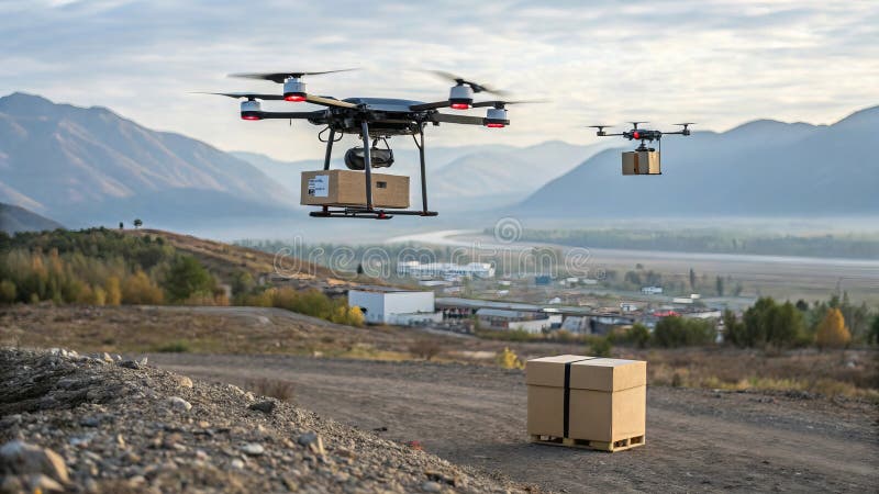 Automated Drones Transporting Packages Over Mountainous Landscape ...