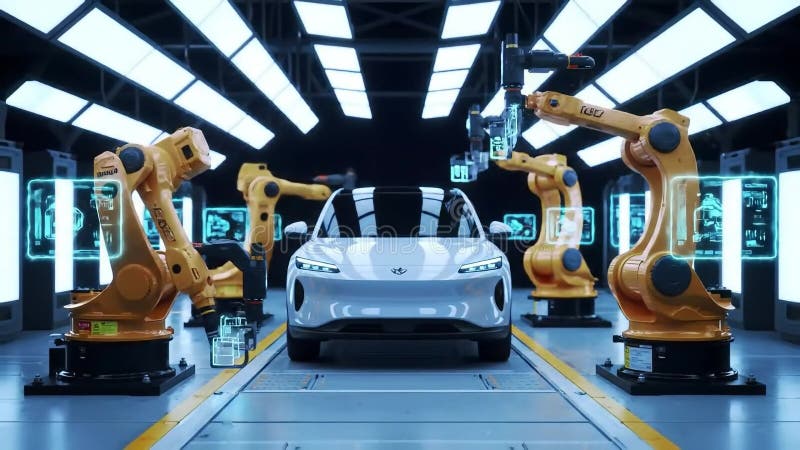 Automated Electric Vehicle Assembly Line with Augmented Reality Stock ...