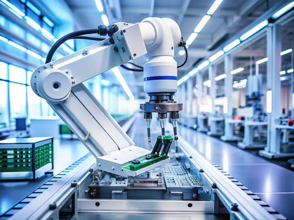 Automated Electronics Assembly Line Featuring a Precise Robotic Arm for ...