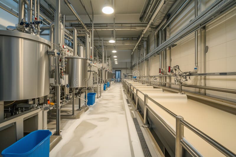 View of a Modern Dairy Processing Facility with Large Tanks and Creamy ...