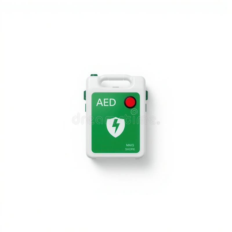 An Automated External Defibrillator (AED) in a White Case with a Green ...