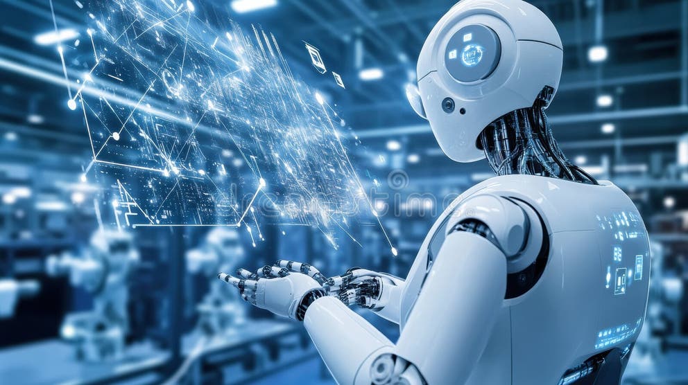 Automated Factory with Advanced Robotics and AI Overseeing Efficient Production Processes Stock ...