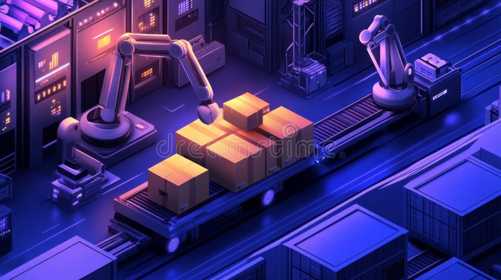 Automated Factory: Isometric View of Robotic Packaging Process Stock ...