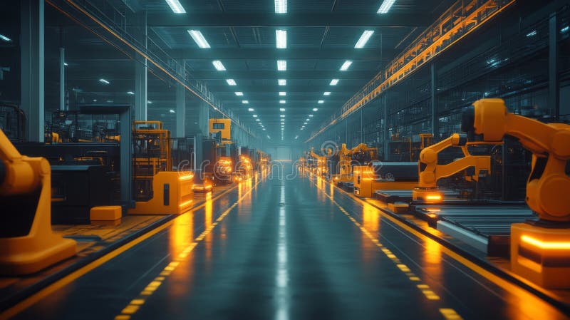 Automated Factory Production Line with Yellow Robots Stock Illustration ...
