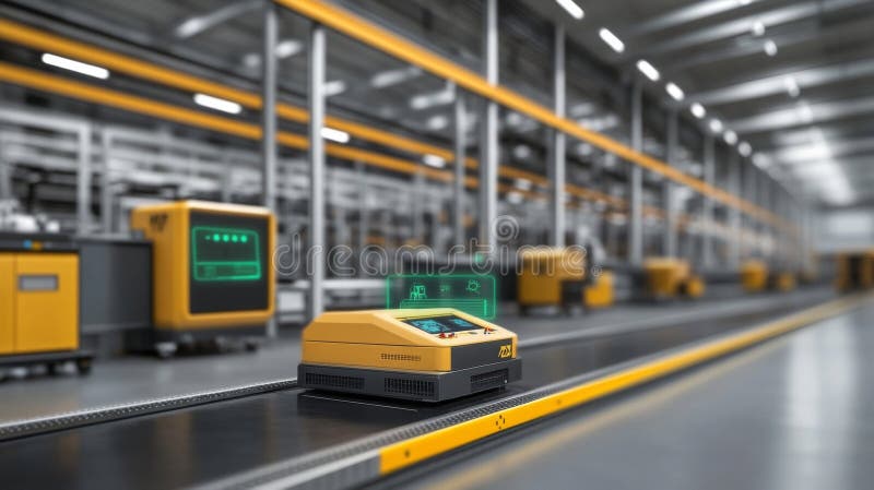Automated Factory Production Line with Yellow Robots Stock Illustration ...