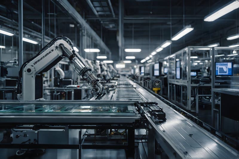 Automated Factory With Robotic Arms Dark Scene Stock Illustration