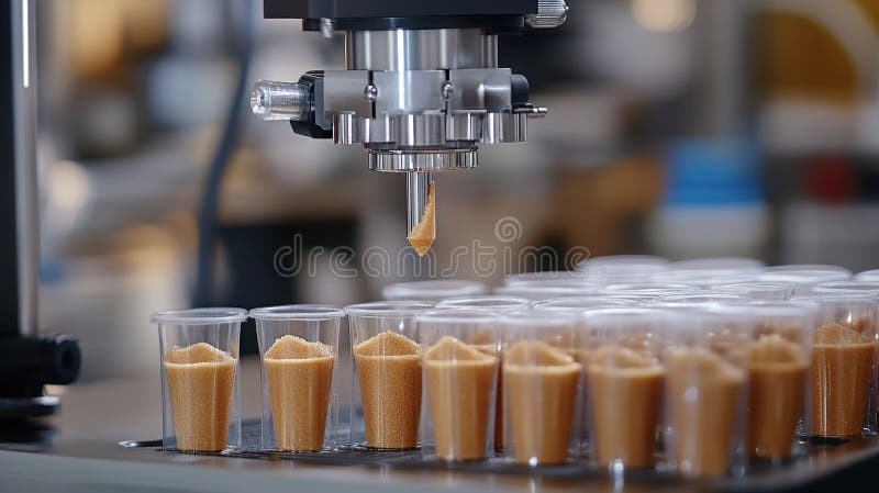 Automated Filling Machine Dispensing Smooth Peanut Butter into Plastic ...
