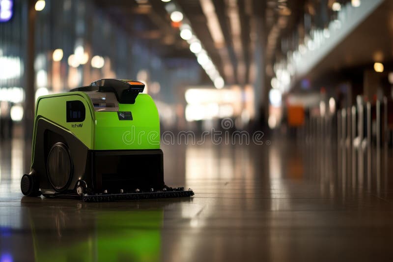 Automated Floor Cleaner Working in a Spacious Modern Terminal Stock ...