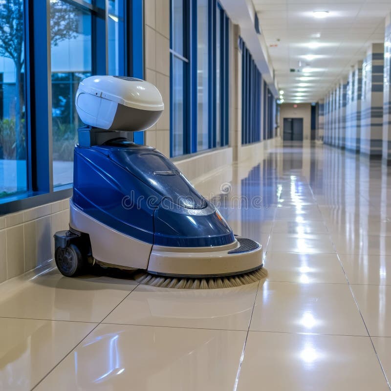 Automated Floor Scrubber in Modern Building Hallway, Cleaning Robot ...