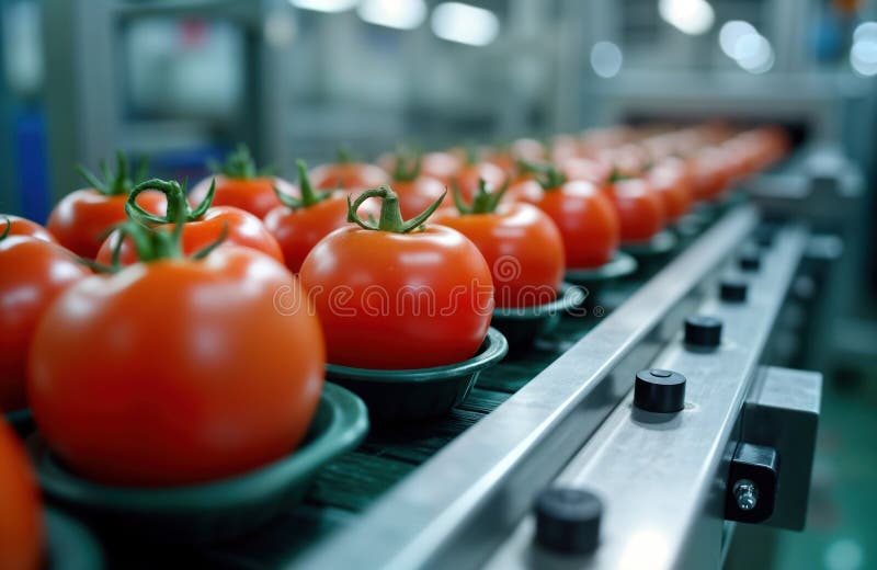 Automated Food Processing Line. Tomatoes Move on Conveyor Belt. Modern ...