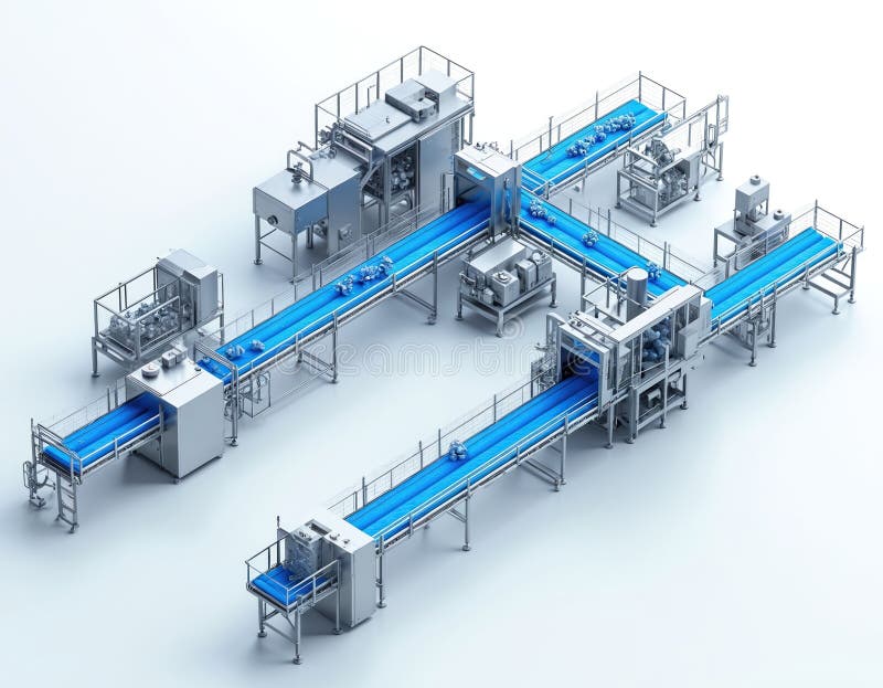 Automated Food Processing Plant with Conveyor Belts, Machinery, Robotic Arms. Features Efficient ...