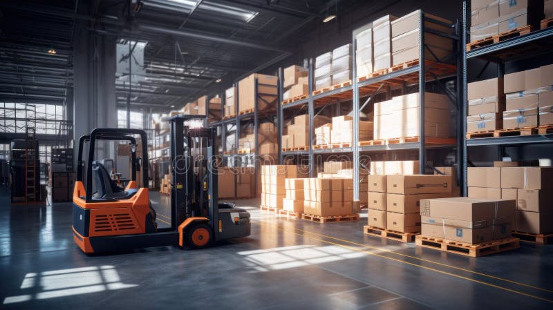 Automated Forklift Fetching Boxes in a Modern Warehouse Stock ...