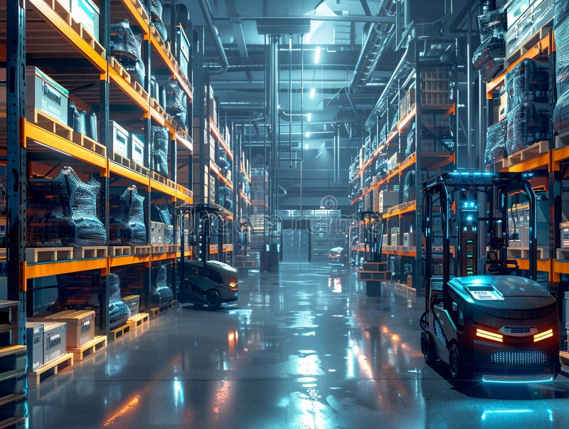 Automated Forklifts Operating in a Modern Warehouse Stock Illustration ... Automated Forklifts Operating in a Modern Warehouse Stock Illustration ...