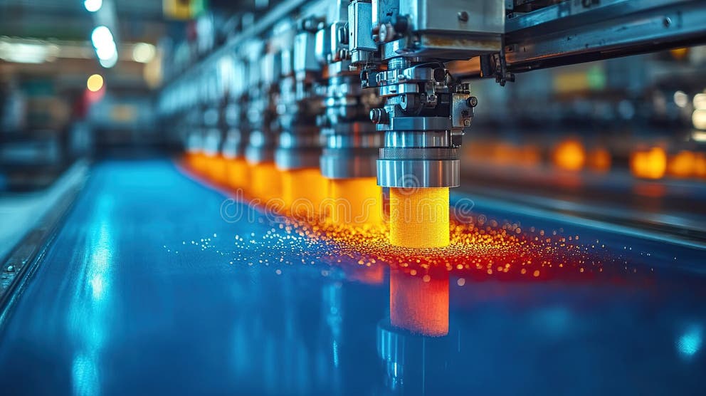 Automated Glass Processing Line. Hot Glass Pieces Moving through a High ...