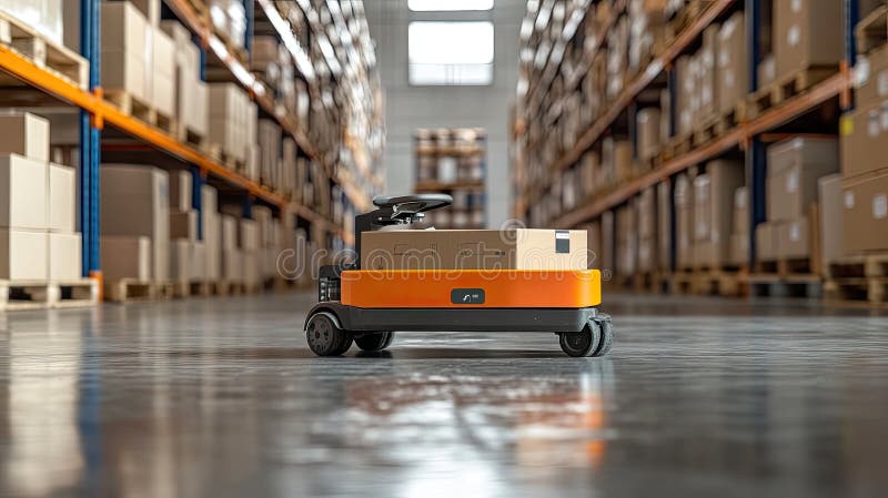 Automated Guided Vehicle Transporting Goods Inside a Warehouse. Modern ...