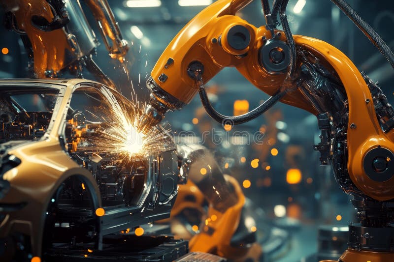 An Automated High-tech Industrial Robot Performs Welding in a Modern ...