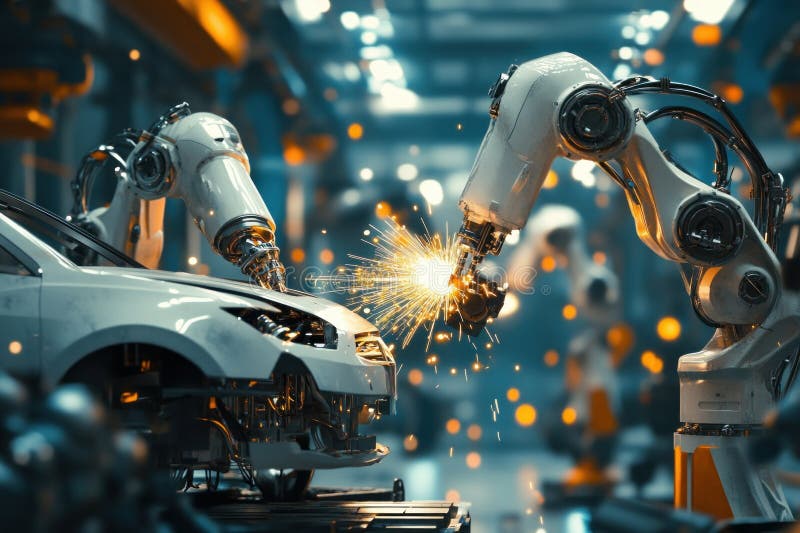 An Automated High-tech Industrial Robot Performs Welding in a Modern ...