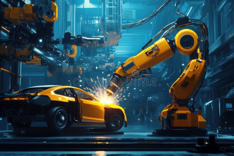 An Automated High-tech Industrial Robot Performs Welding in a Modern ...