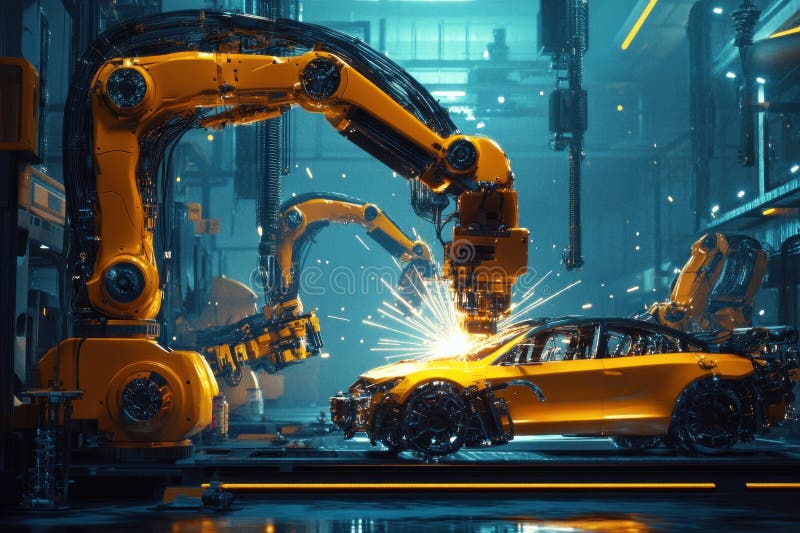 An Automated High-tech Industrial Robot Performs Welding in a Modern ...