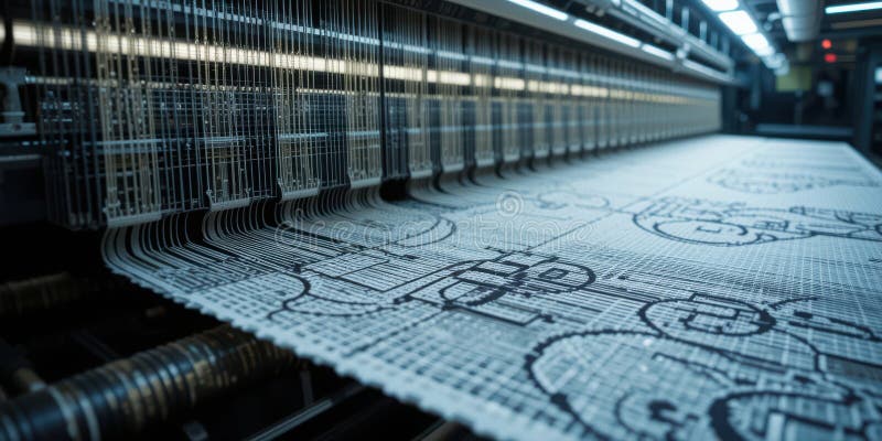 Automated Industrial Loom Weaving Fabric with Complex Technical Diagram ...